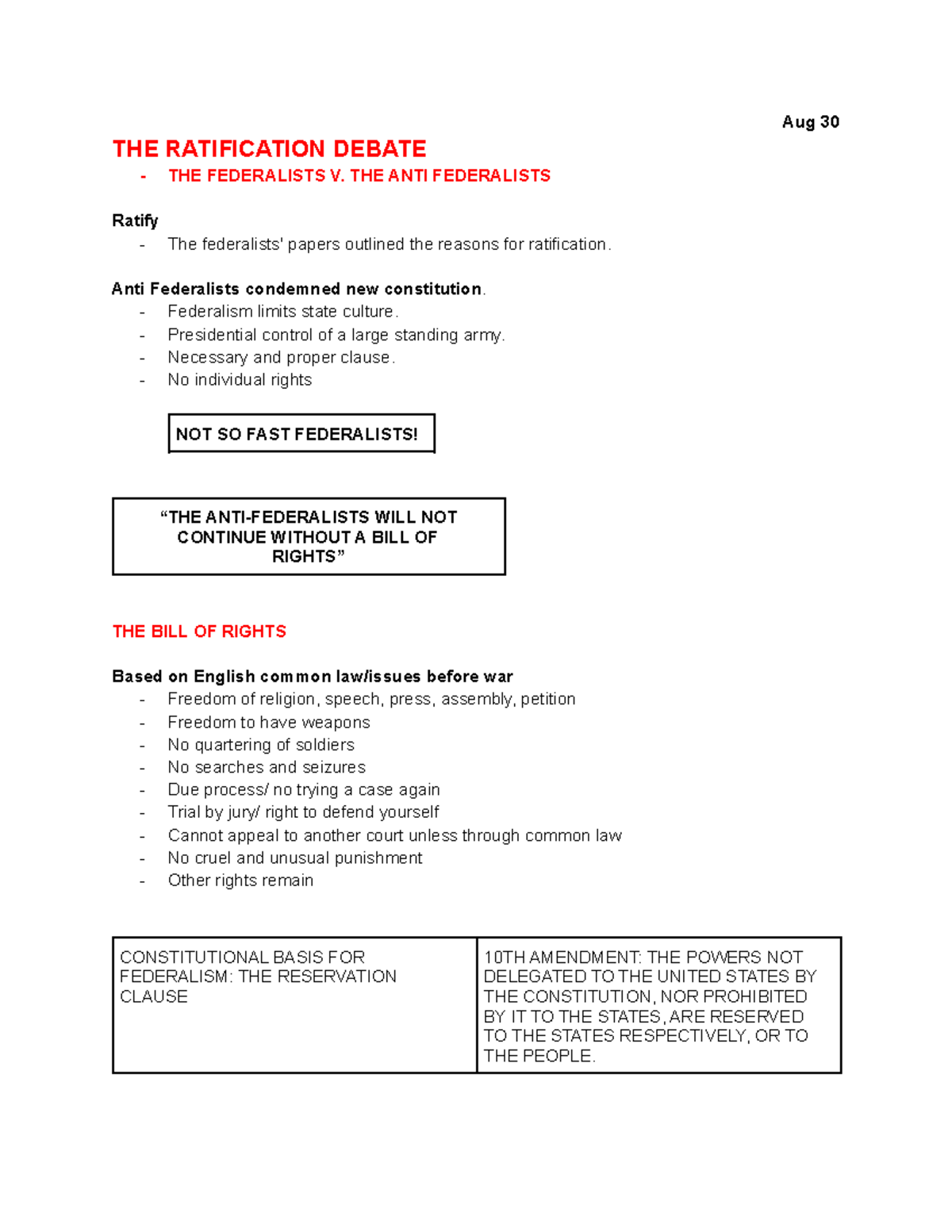 Aug 30 - Lecture notes - Aug 30 THE RATIFICATION DEBATE - THE ...