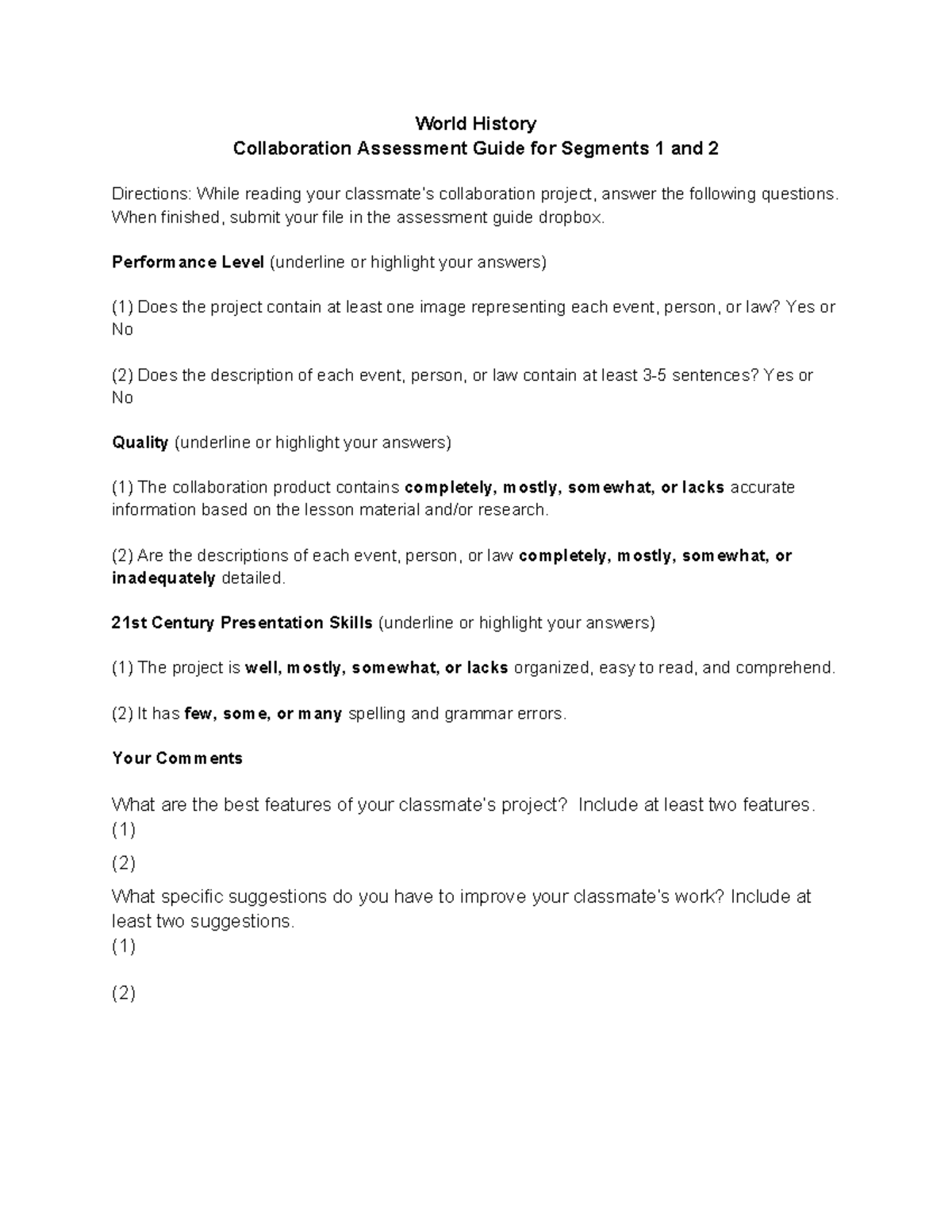 World History Collaboration Assessment Guide - When finished, submit ...