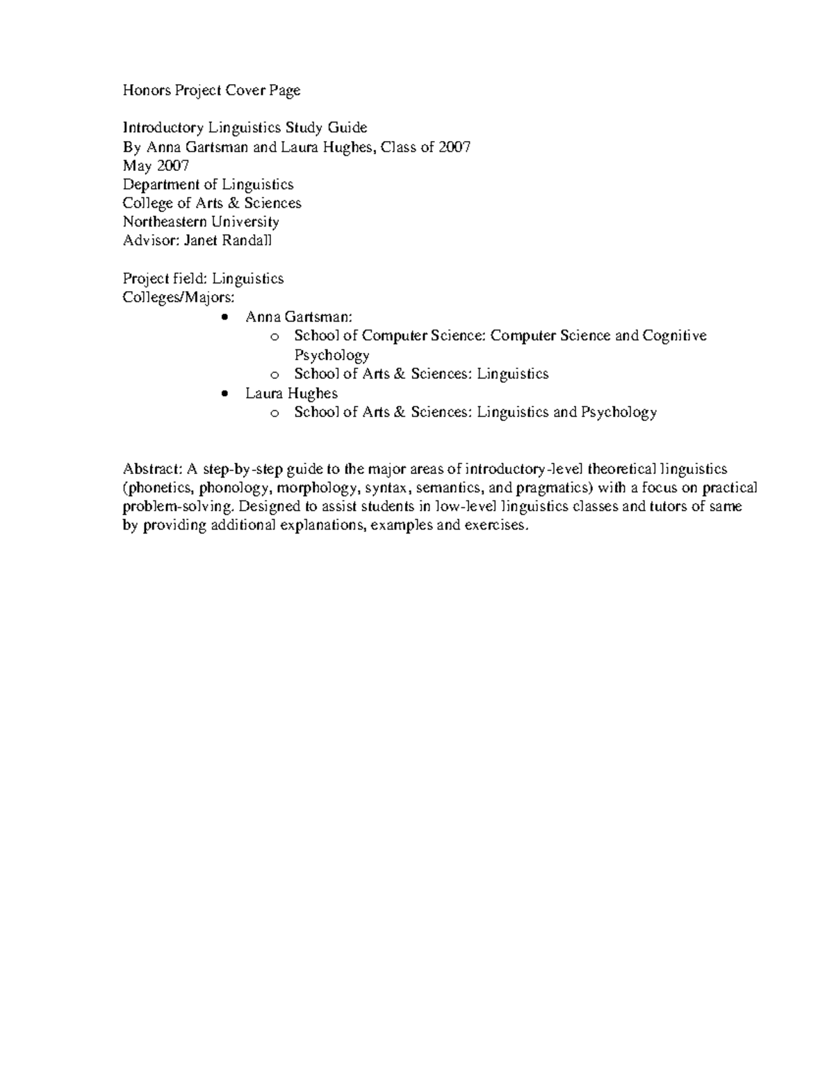Neu 376792: Introduction to Linguistics Study Guide - Honors Project ...
