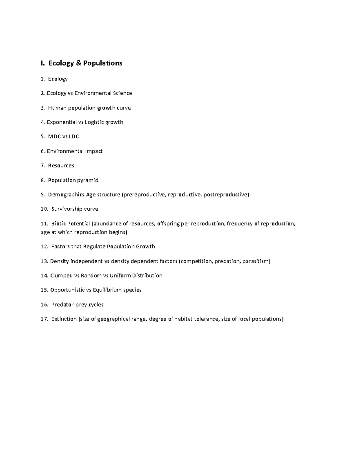 Population Checklist - I. Ecology & Populations Ecology Ecology vs ...