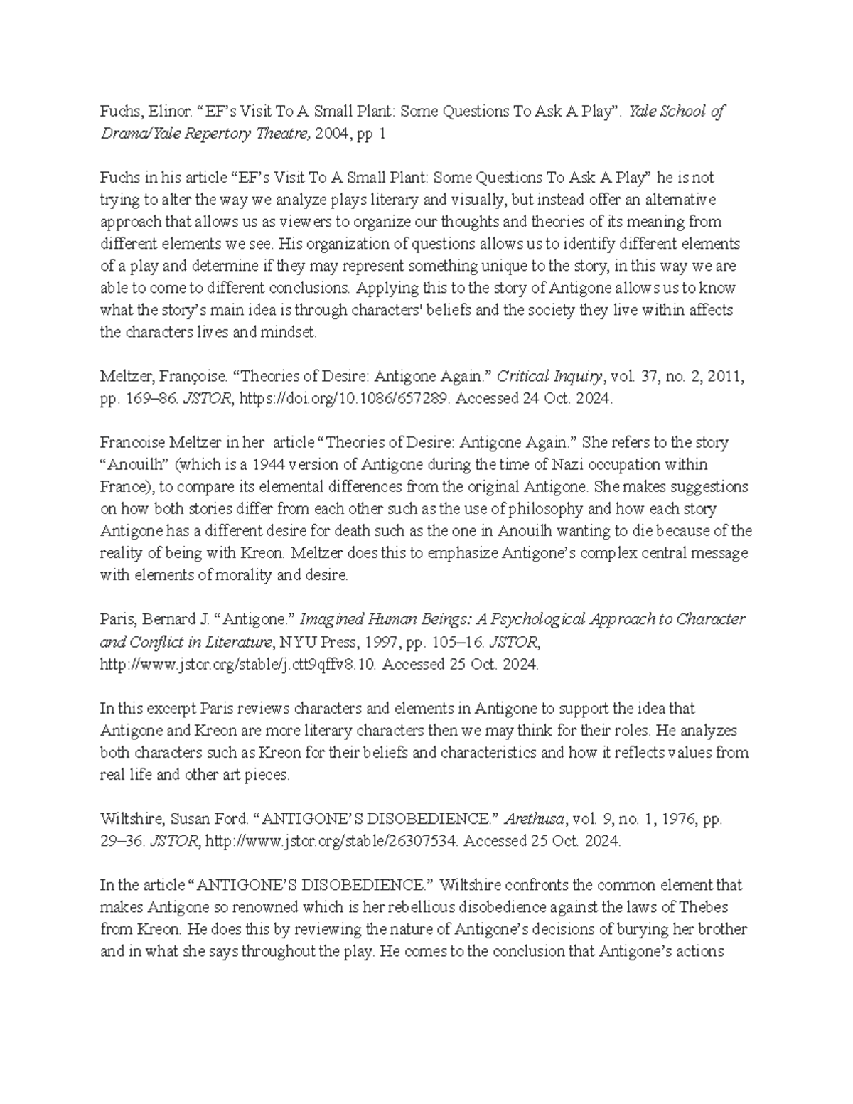 Annotated Bibliography Antigone - Fuchs, Elinor. “EF’s Visit To A Small ...