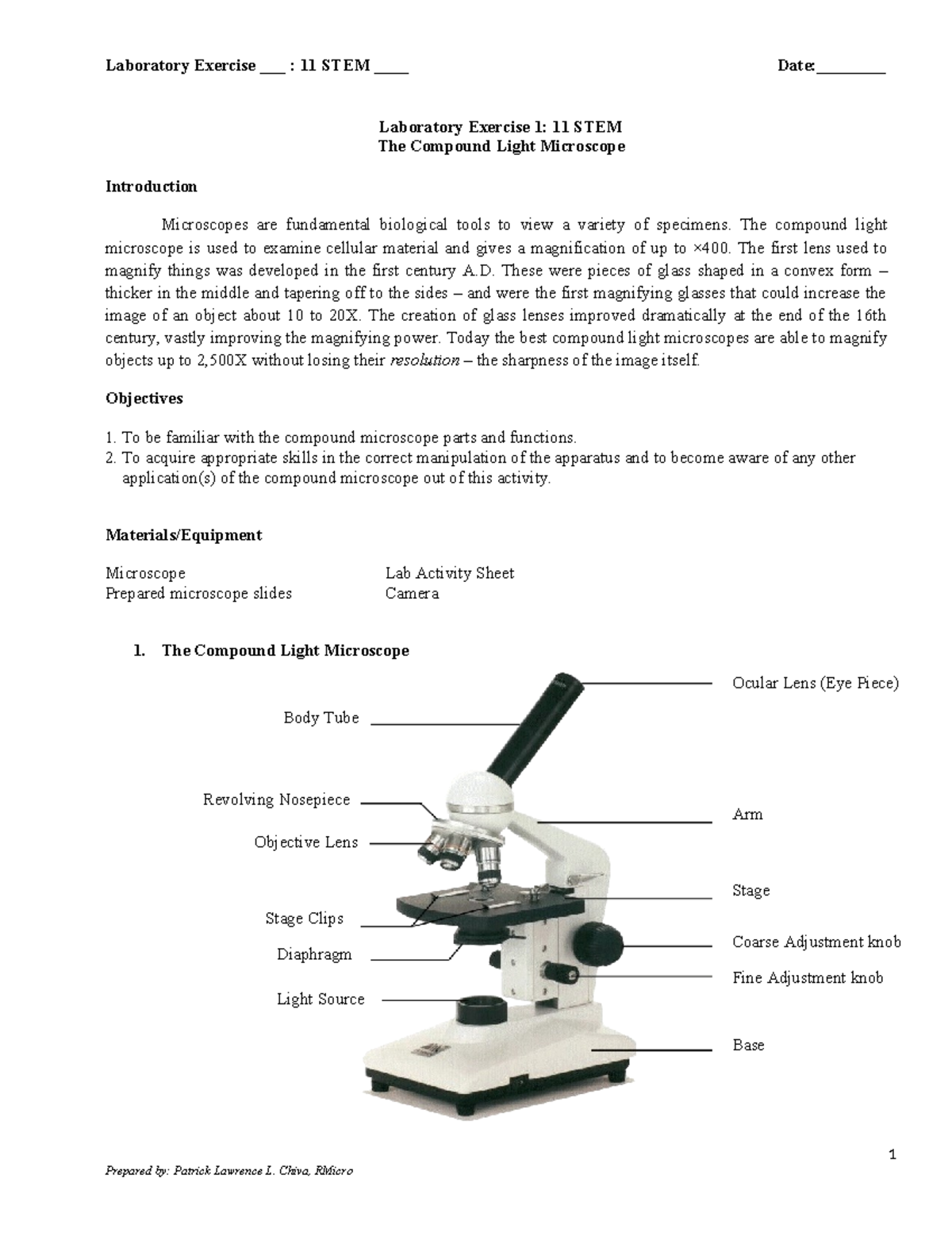 Laboratory Exercise 1 The Microscope 1 - Laboratory Exercise 1: 11 STEM ...