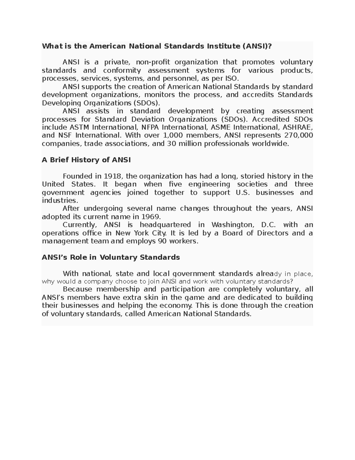 American National Standards Institute - ANSI supports the creation of ...