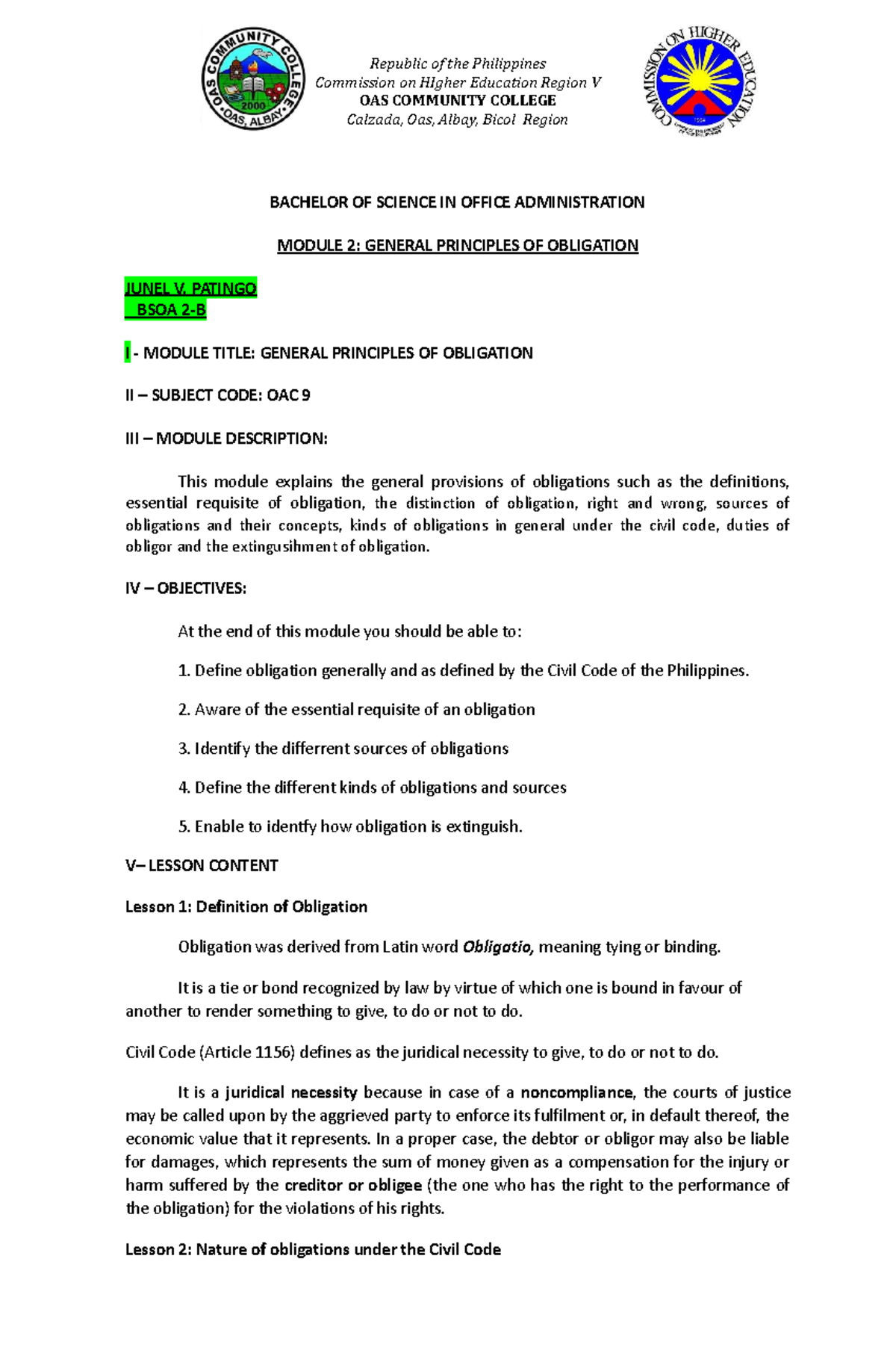 Module 2 Business law - Reading Materials - Commission on HIgher ...