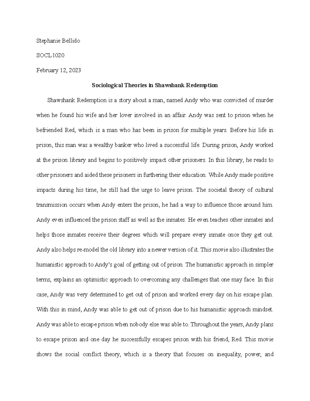Sociological Theories in Shawshank Redemption - Stephanie Bellido SOCL ...