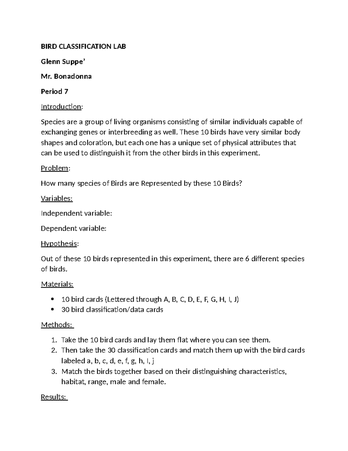 Bird Classification Lab - BIRD CLASSIFICATION LAB Glenn Suppe’ Mr ...