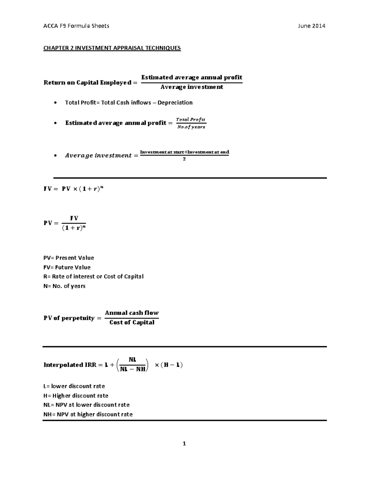 F9 formula list - CHAPTER 2 INVESTMENT APPRAISAL TECHNIQUES Total ...