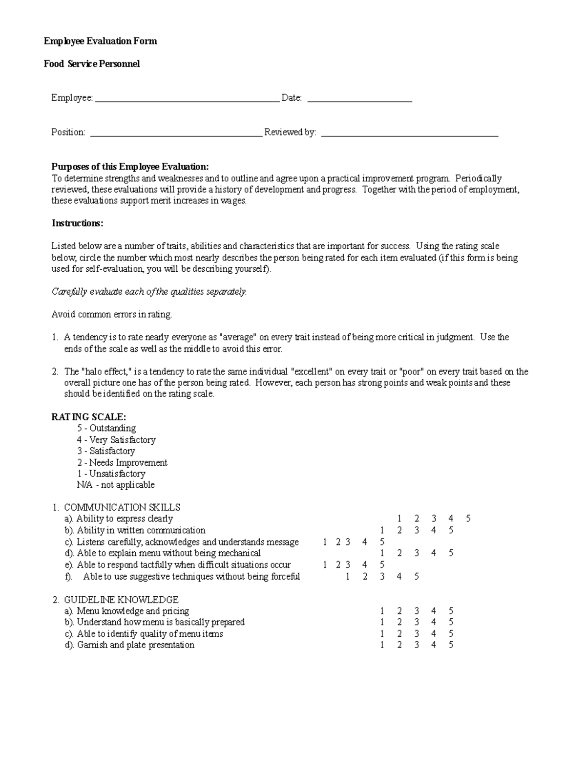 Employee-evaluation-form-food-service-personnel - Employee Evaluation ...