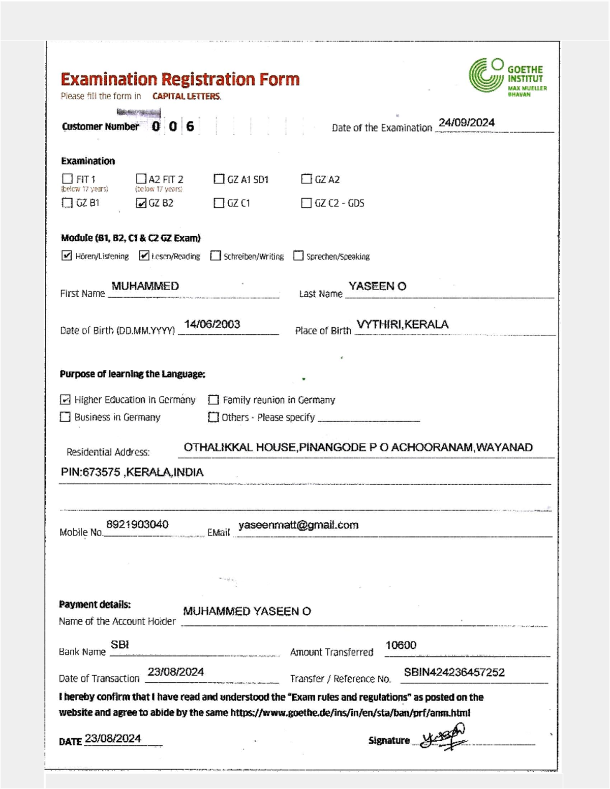Scan - study - GOETHE Examination Registration Form INSTITUT MAX ...