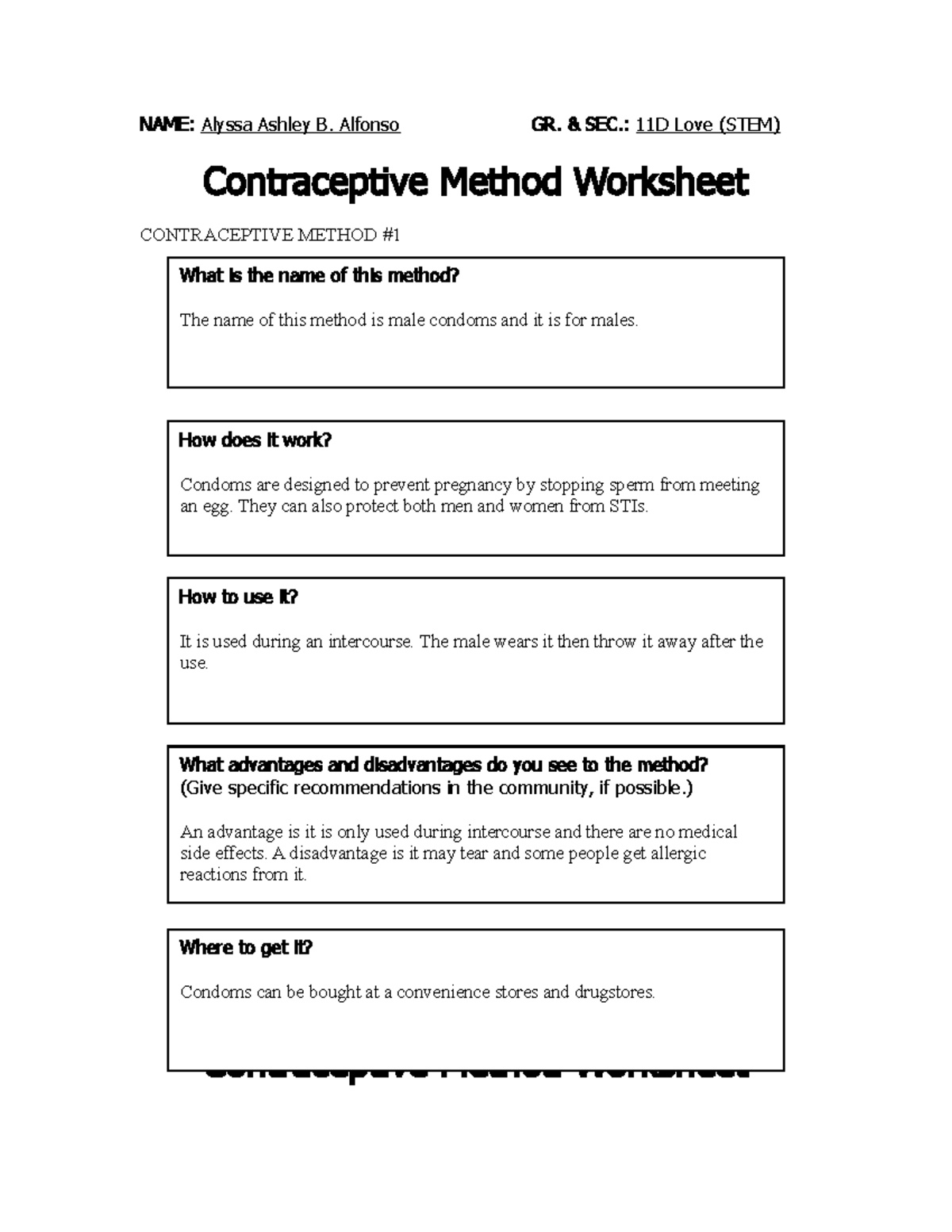 11D Alfonso - Contraceptive Methods - NAME: Alyssa Ashley B. Alfonso GR ...