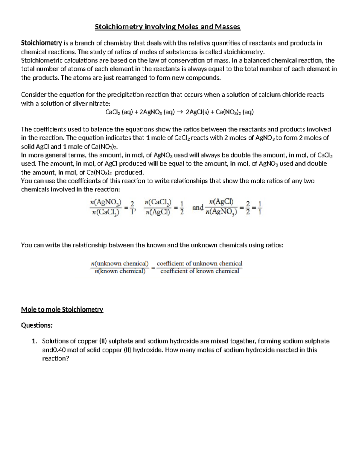 Stoichiometry worksheet 1 - Stoichiometry involving Moles and Masses ...