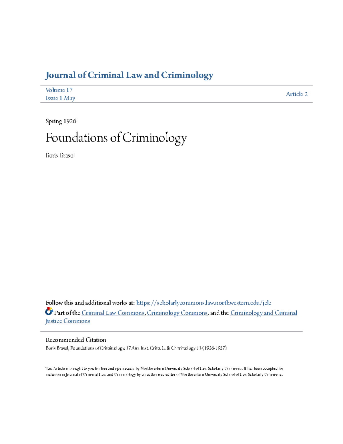 Foundations of Criminology - Journal of Criminal Law and Criminology ...