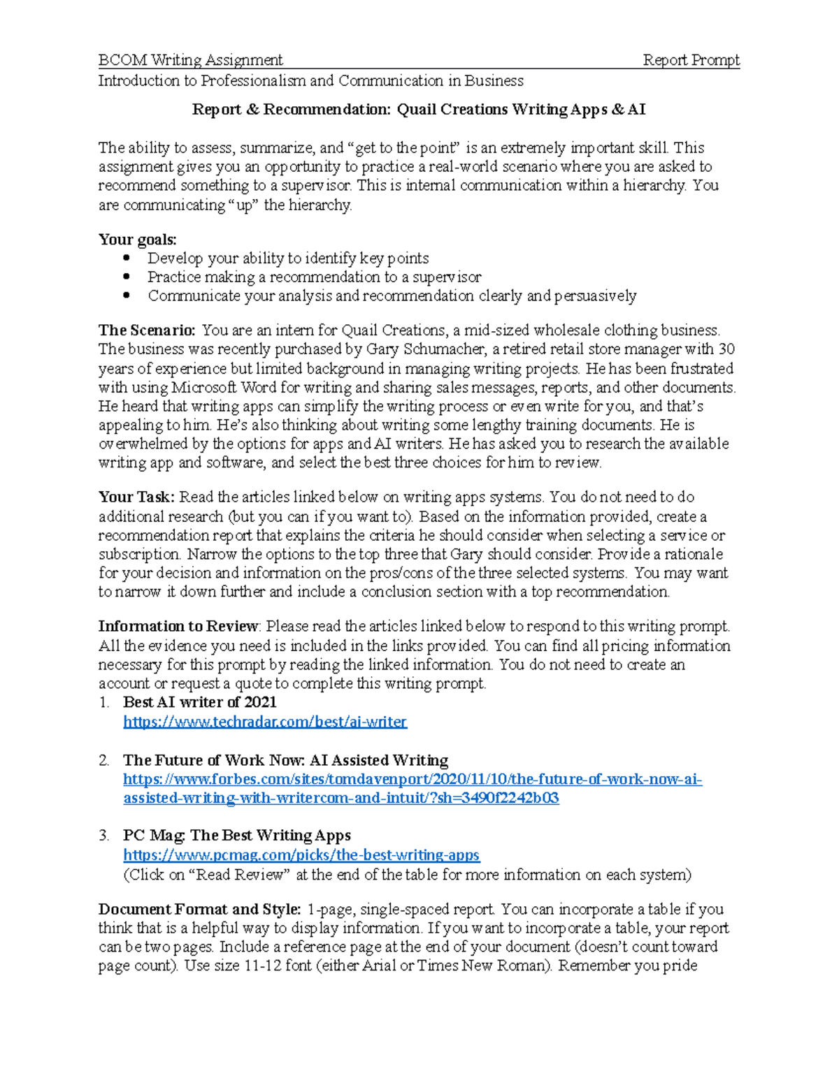 Assignment Report Recommendation Assignment (2) - BCOM Writing ...