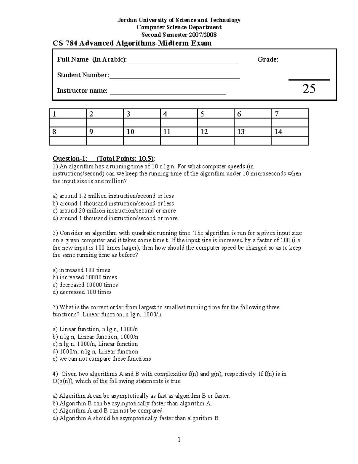 Midterm exam 2009, questions - Jordan University of Science and ...