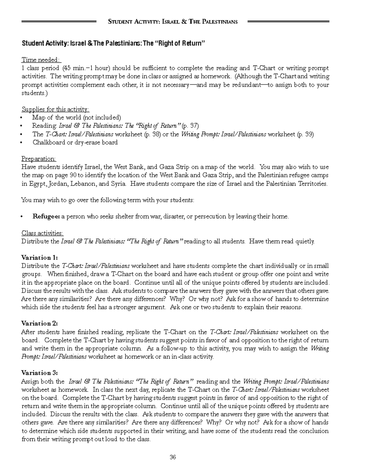 Right of Return - sfsdfsdfdsf - 36 sTudenT aCTIvITy: Israel & The ...
