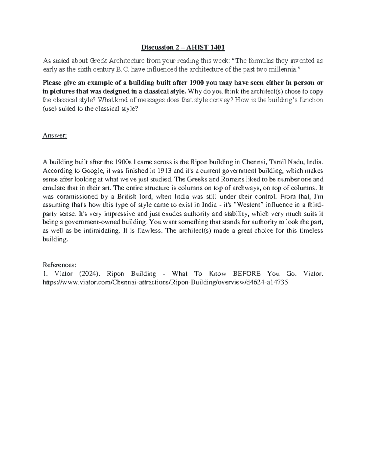 AHIST 1401 - Discussion 2 - Discussion 2 – AHIST 1401 As stated about ...