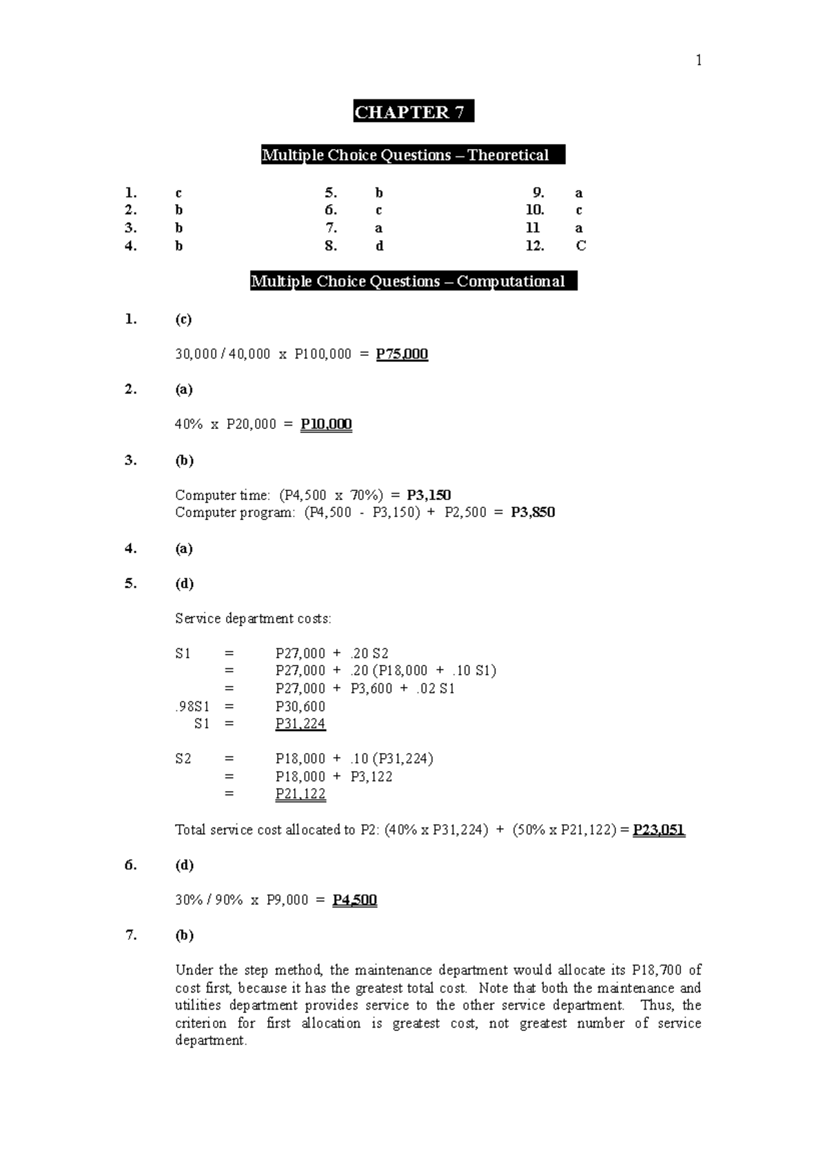 Cost Acc Chapter 7 - CHAPTER 7 Multiple Choice Questions – Theoretical ...