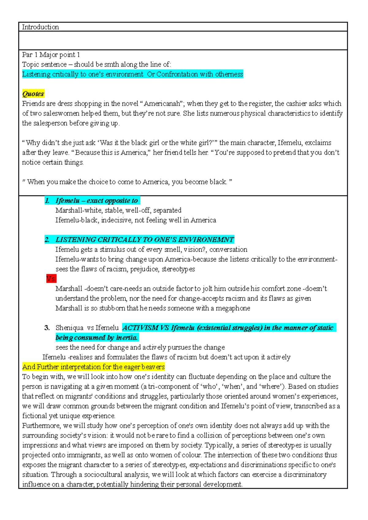 Essay Outline Americanah vs The Big Payback - Introduction Par 1 Major ...