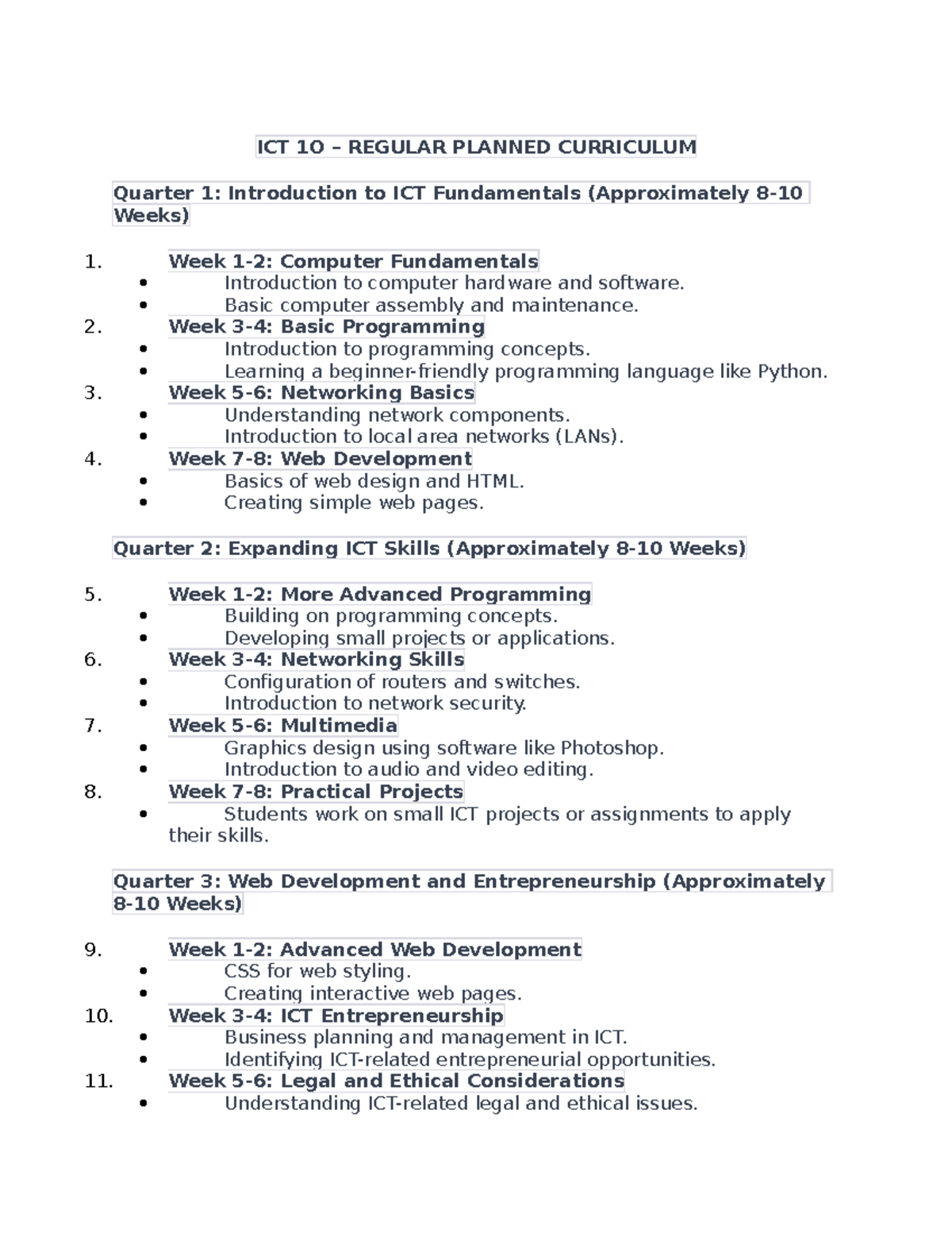 ICT 1O Regular - ICT 1O – REGULAR PLANNED CURRICULUM Quarter 1 ...
