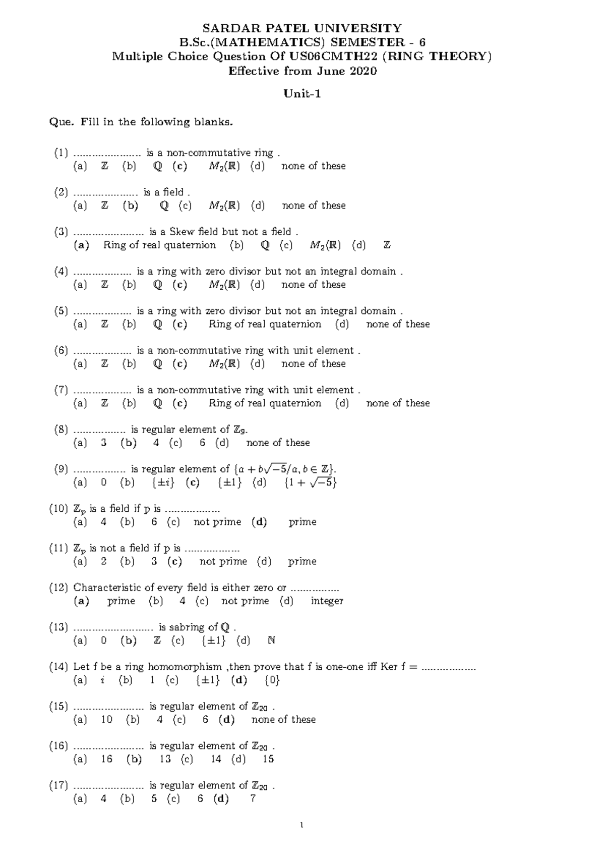 MCQ Abstract Algebra - mcq - SARDAR PATEL UNIVERSITY B.(MATHEMATICS ...