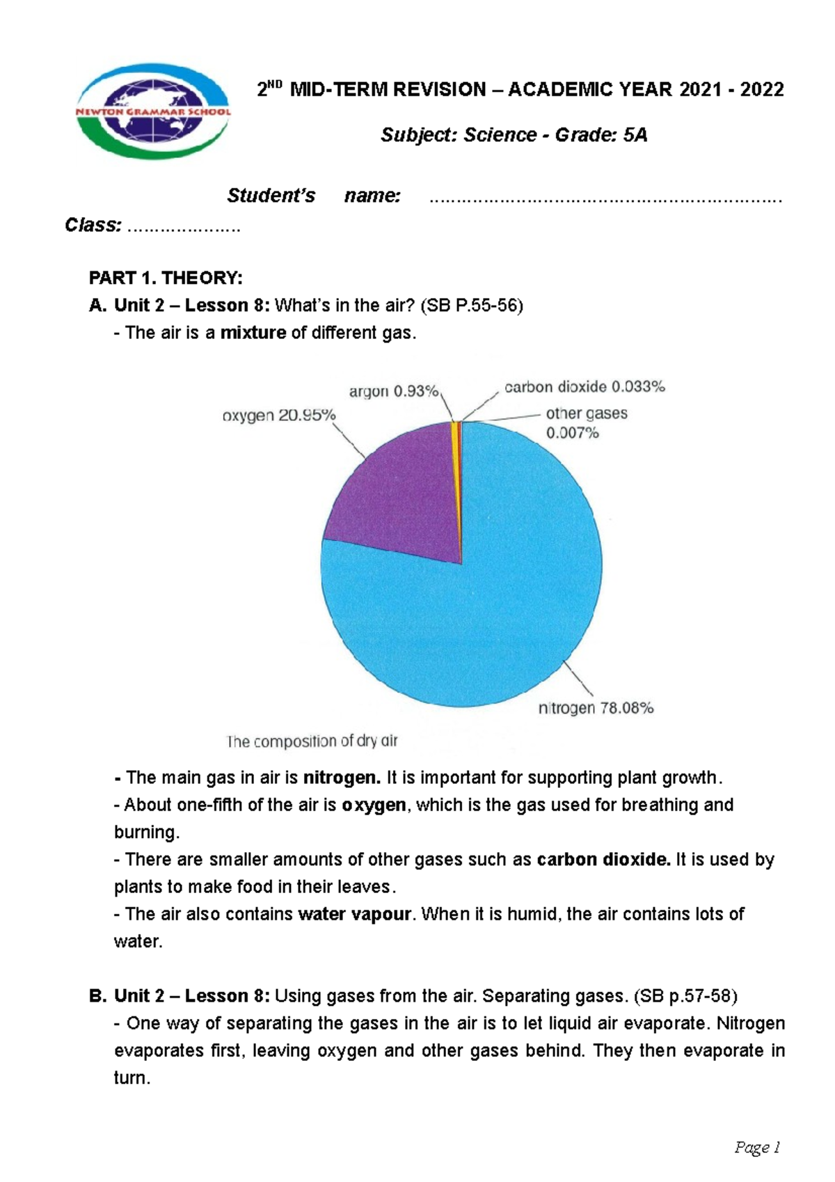 5A Sci Revision M2 21-22 - 2 ND MID-TERM REVISION – ACADEMIC YEAR 2021 - 2022 Subject: Science ...