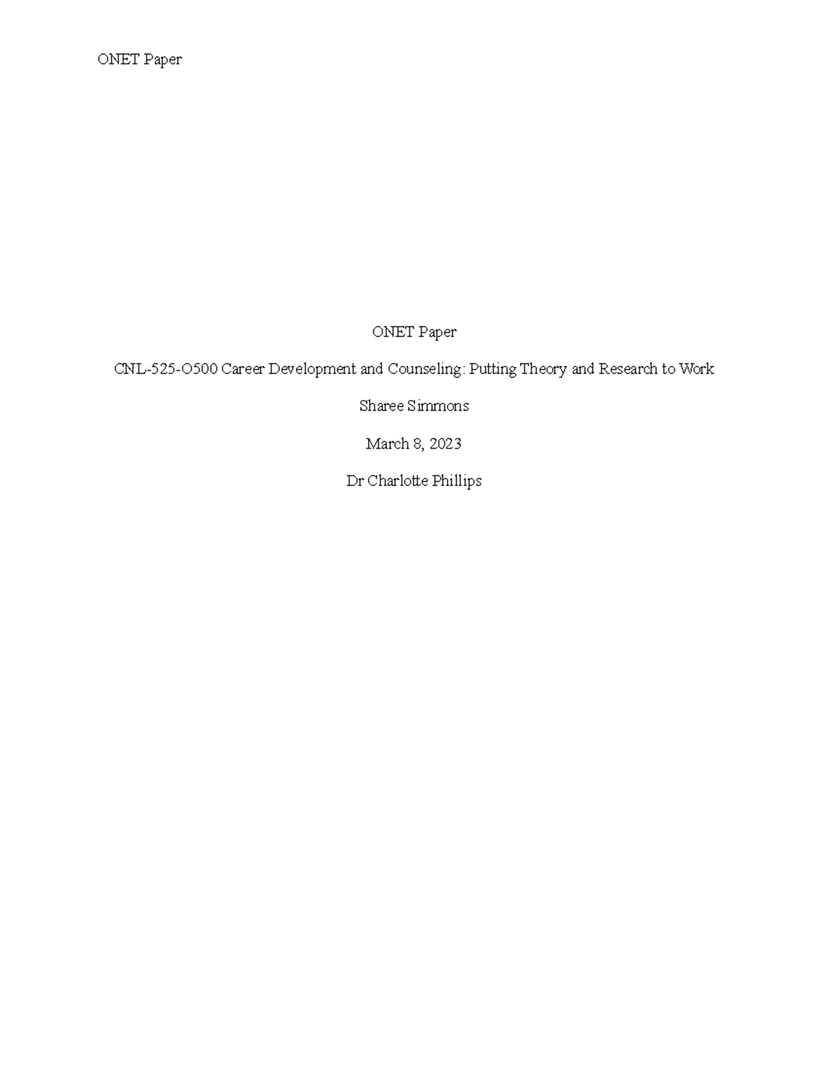 ONET Paper - Just for guidance - ONET Paper CNL-525-O500 Career ...