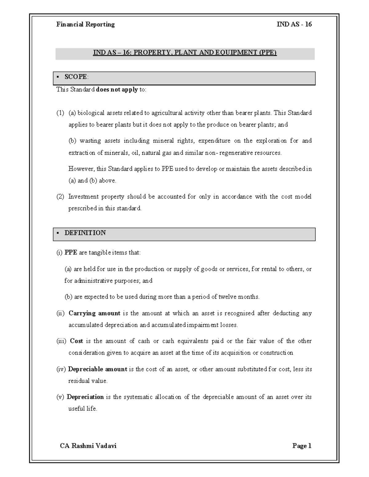 Ind AS 16 - Notes on IND AS 16 by CA Rashmi Vadavi mam - IND AS – 16 ...