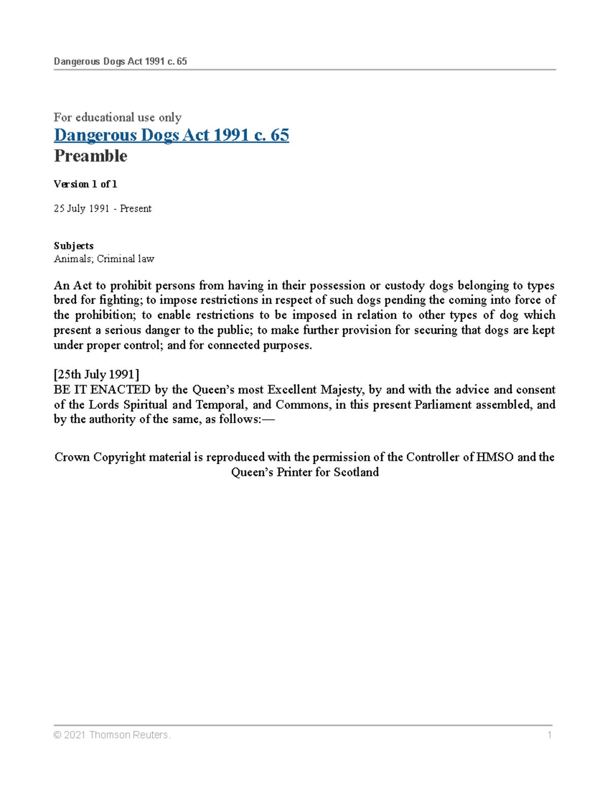 Dangerous Dogs Act 1991 - For educational use only Dangerous Dogs Act ...