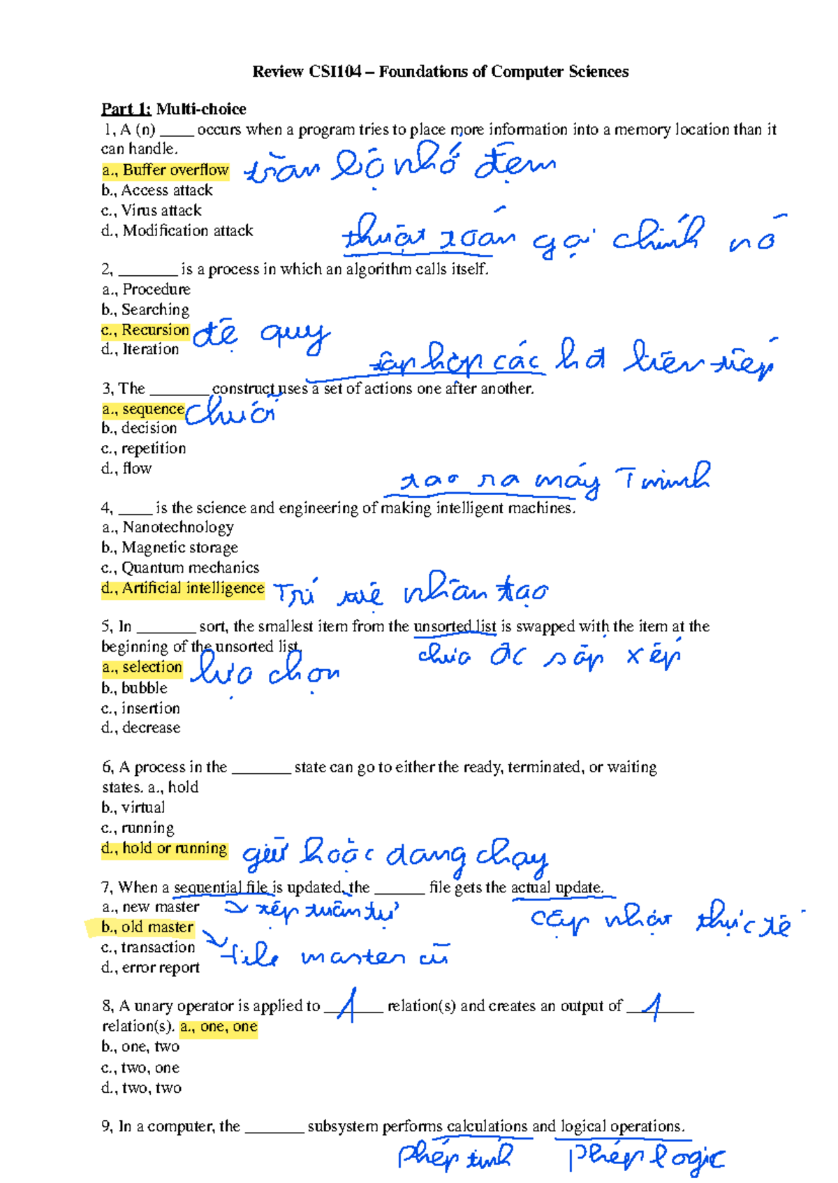 Review CSI104 - a., Buffer overflow b., Access attack c., Virus attack ...