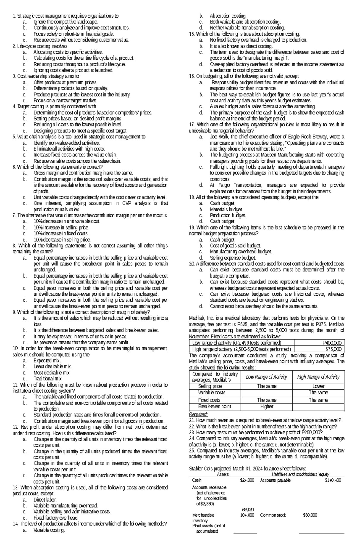 Quiz-SCM-CVP-VAC - Test Bank in SCM - 1. Strategic cost management ...