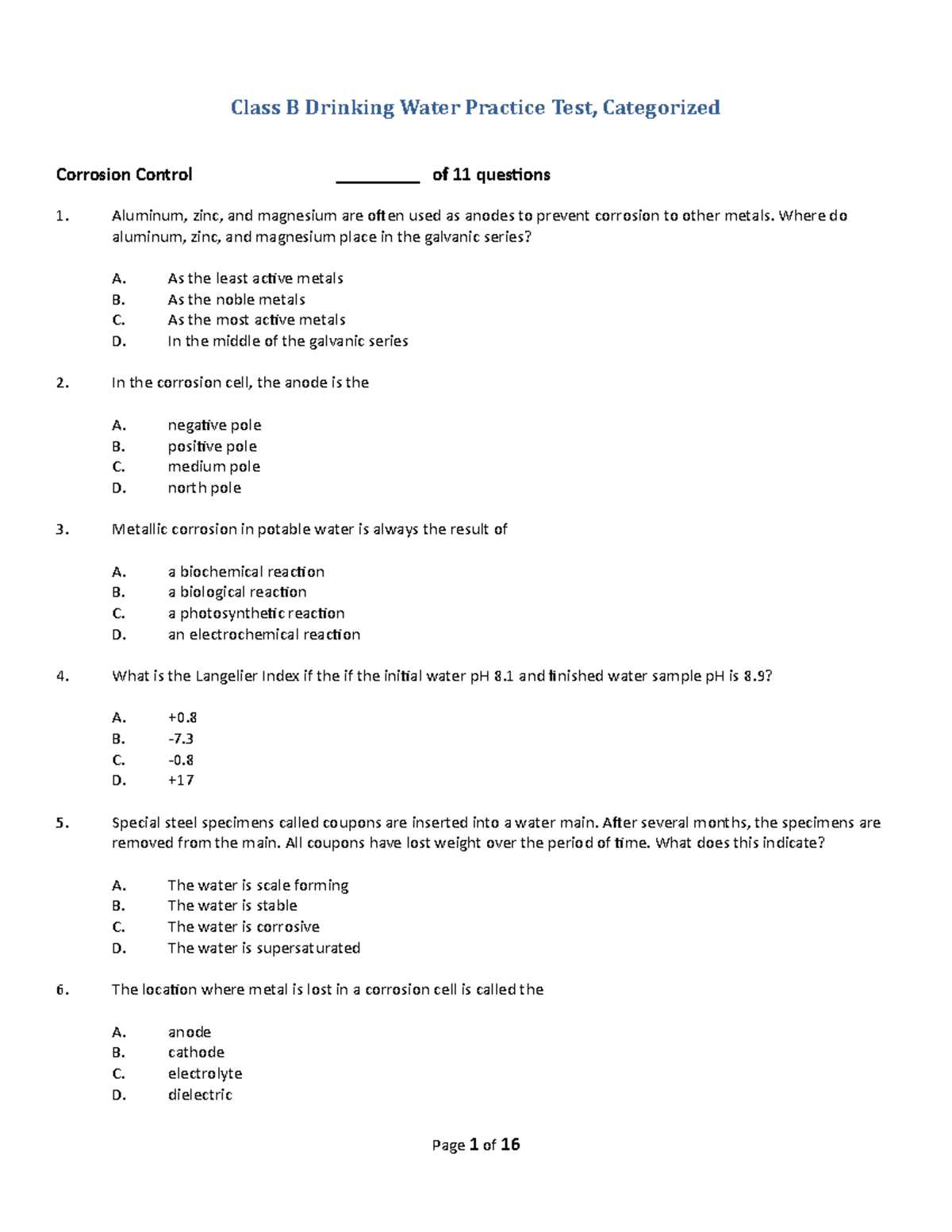 Class B Drinking Water Practice Test Categorized - Class B Drinking ...