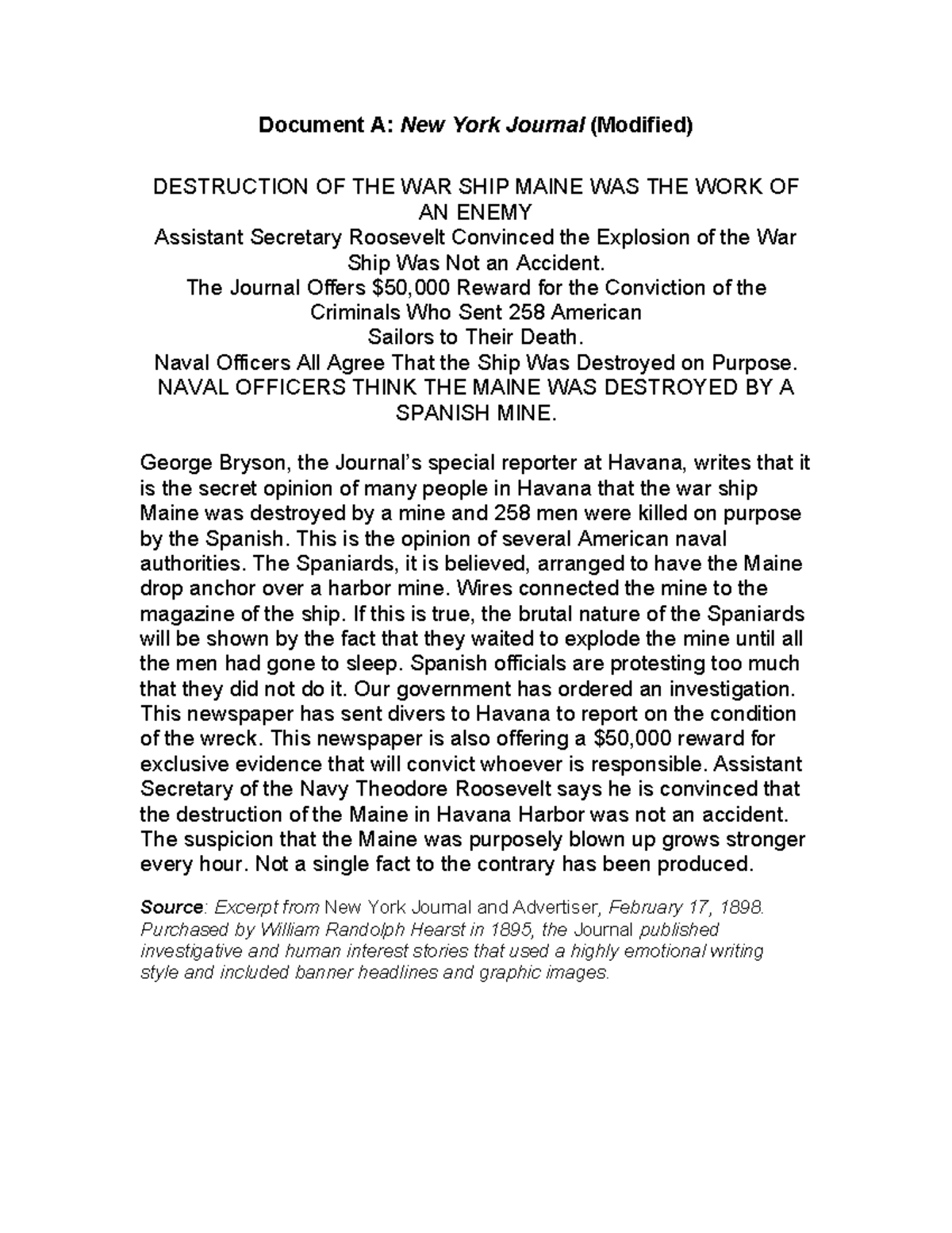 Documents and Questions Maine Explosion - Document A: New York Journal ...