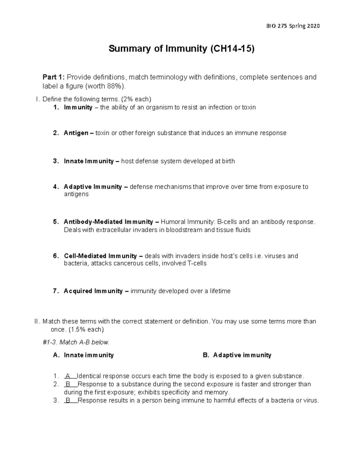 Ch. 15 Assignment - BIO 275 Spring 2020 Summary of Immunity (CH14-15 ...