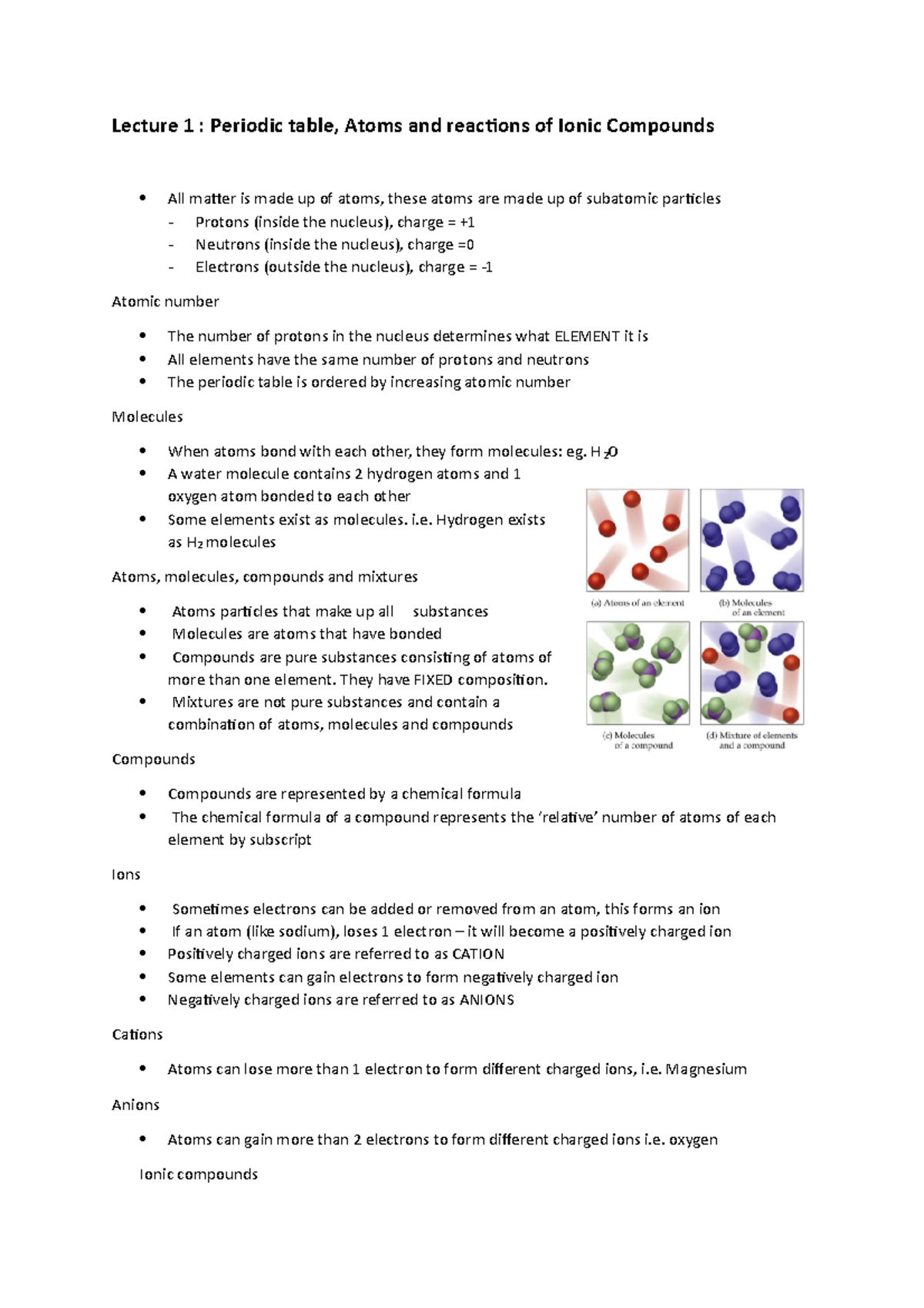 Chemirty 1 notes - Lecture 1 : Periodic table, Atoms and reactions of ...
