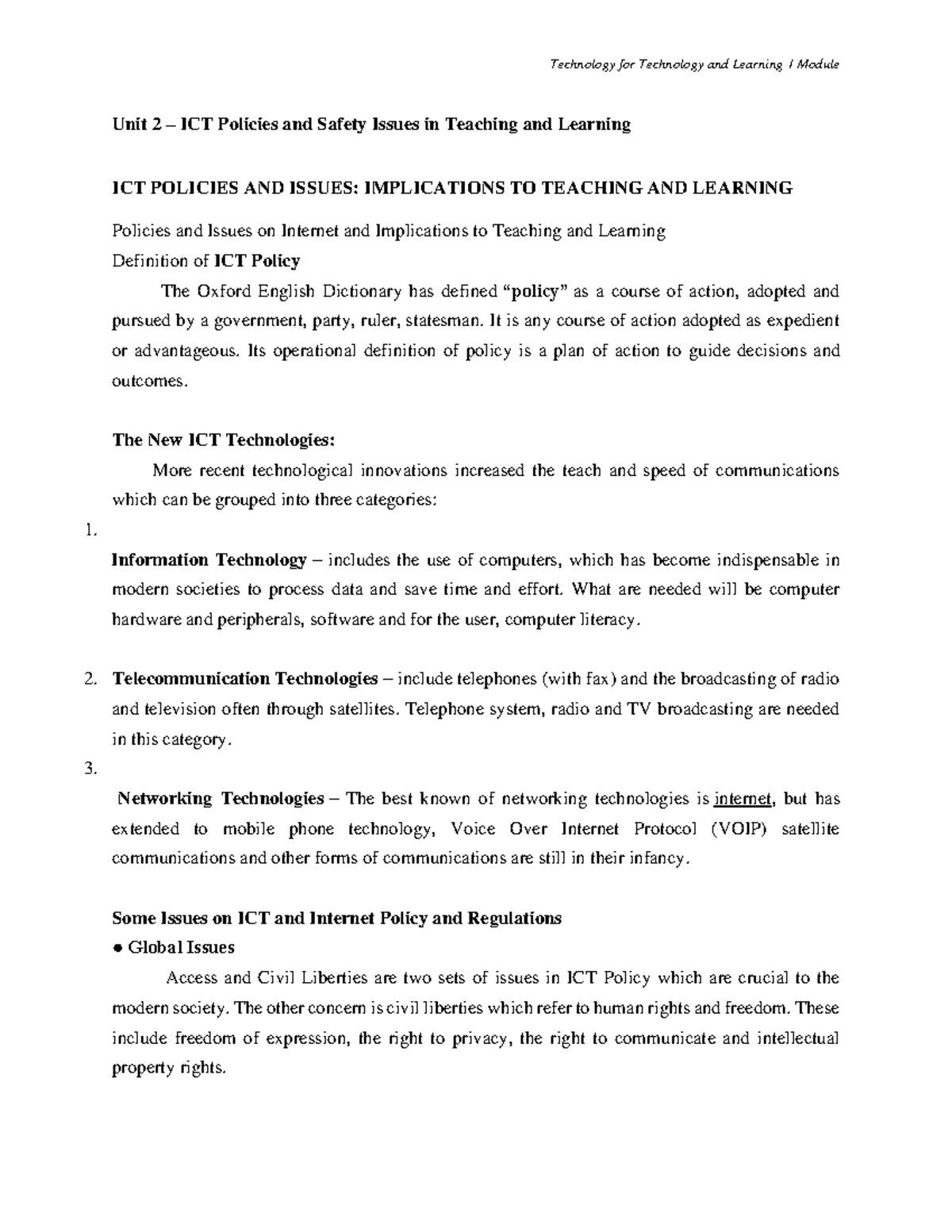 TTL1-Unit 2 - TTL 1 - Unit 2 – ICT Policies and Safety Issues in ...