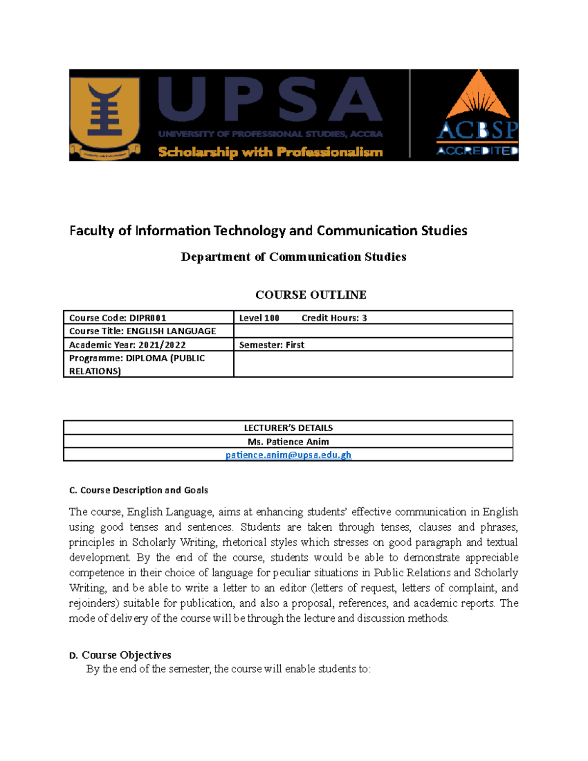 DIP0001 - English Course Outline 2 - Faculty of Information Technology ...