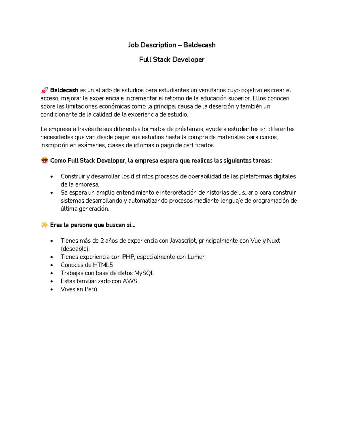 Baldecash - Full Stack Developer - Job Description – Baldecash Full ...