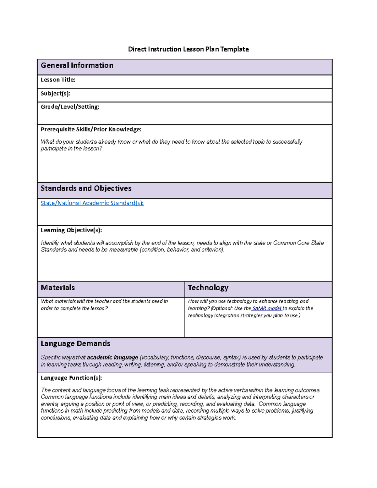 Direct Instruction Lesson Plan Template - Materials Technology What ...