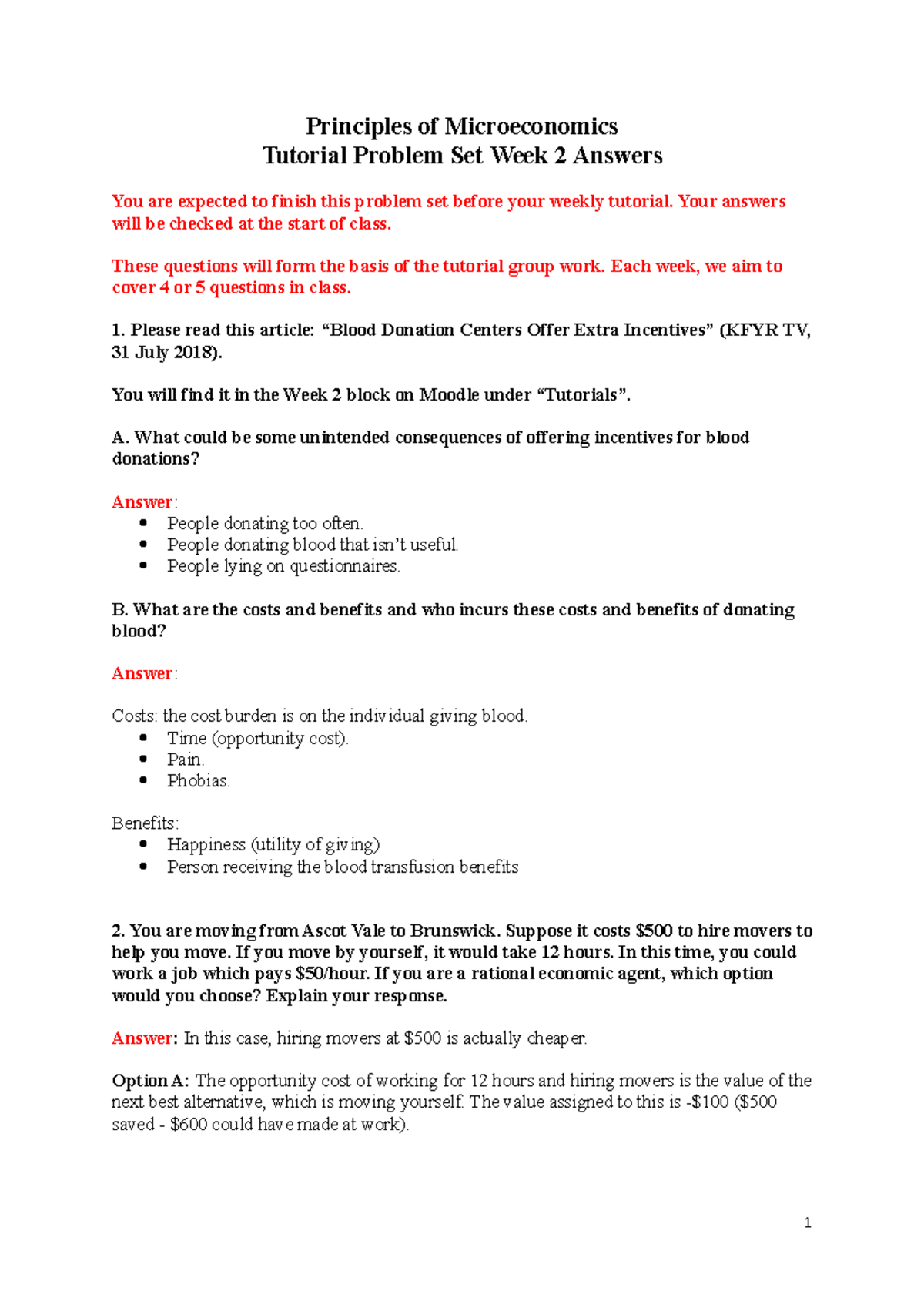 Microeconomics Tutorial Problem Set Week 2 Answers Final Principles Of Microeconomics Tutorial