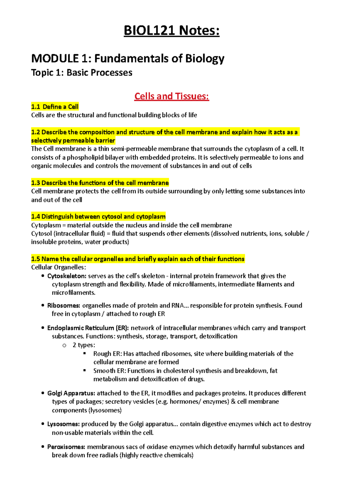 Summary - complete - BIOL121 Notes: MODULE 1: Fundamentals of Biology ...