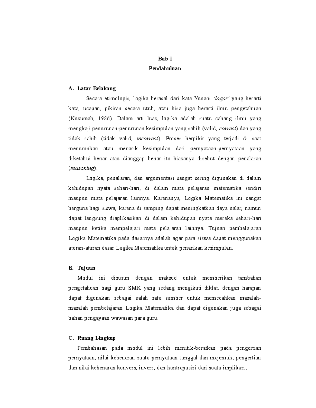 Makalah Pembelajaran Logika Matematika - Bab I Pendahuluan A. Latar ...