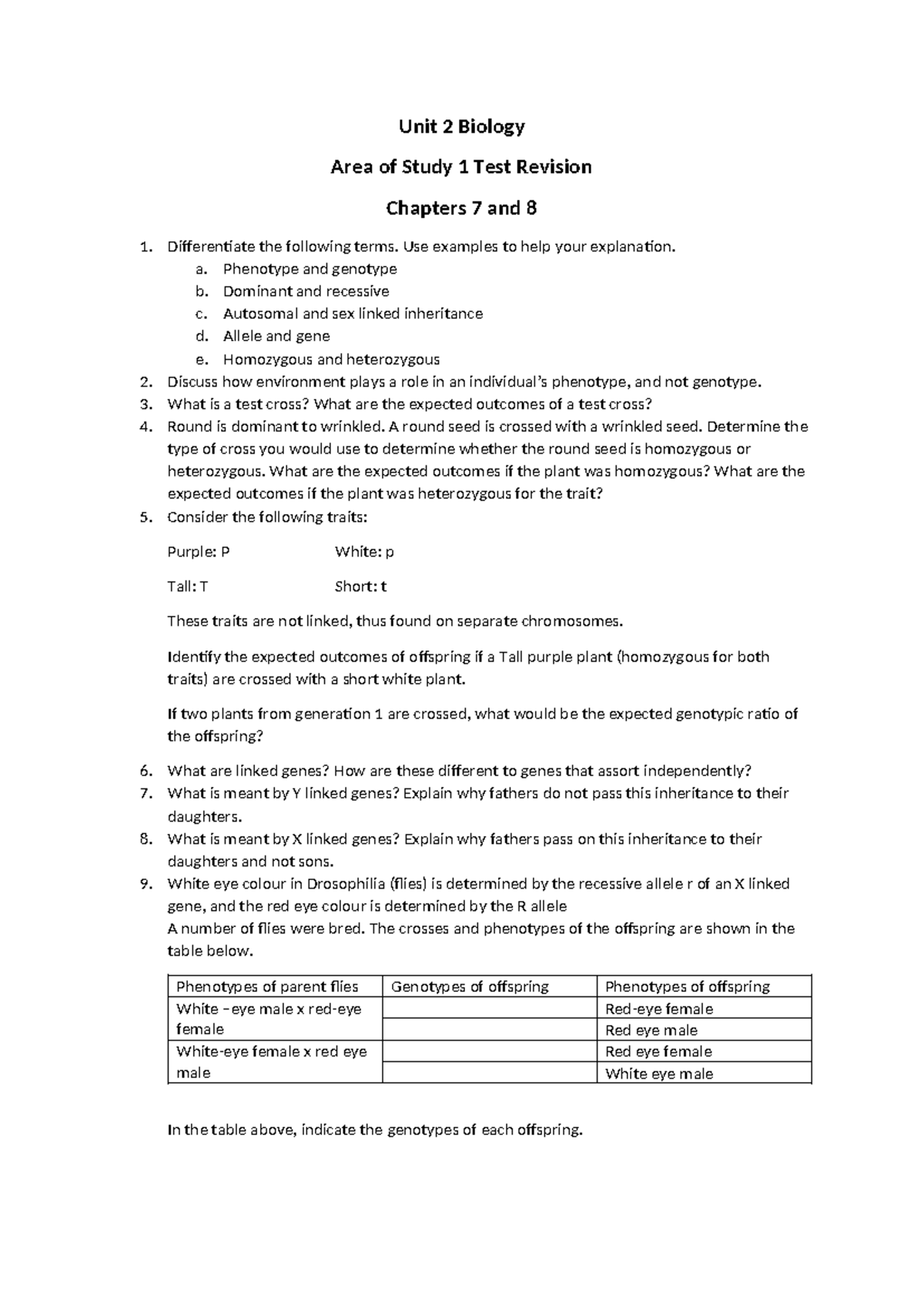 Chapter 8 Revision - worksheet for unit 2 biology - Unit 2 Biology Area ...