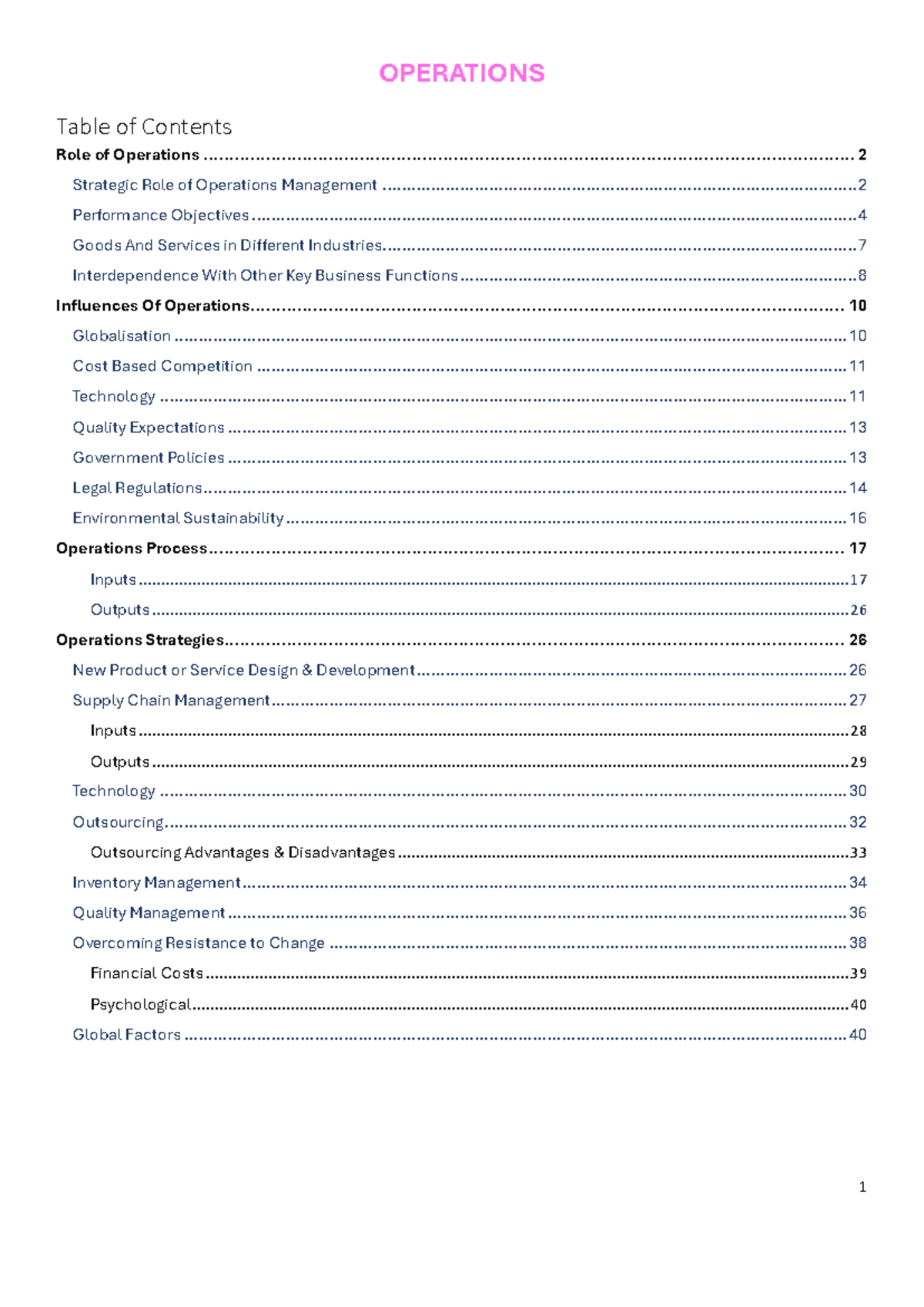 Operations - Notes - OPERATIONS Role of Operations Table of Contents ...