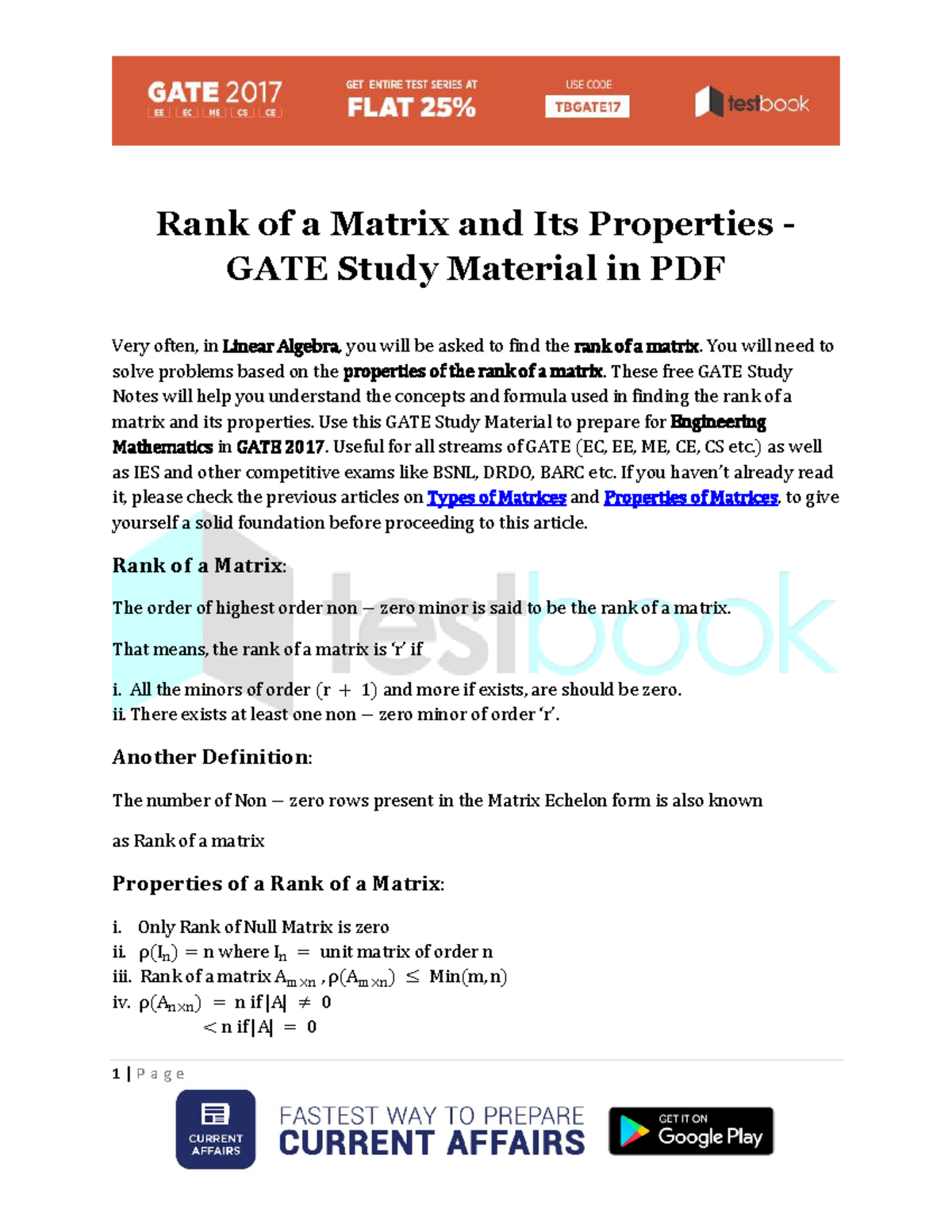Rank of a Matrix and Its Properties GATE Study Material in PDF - You ...