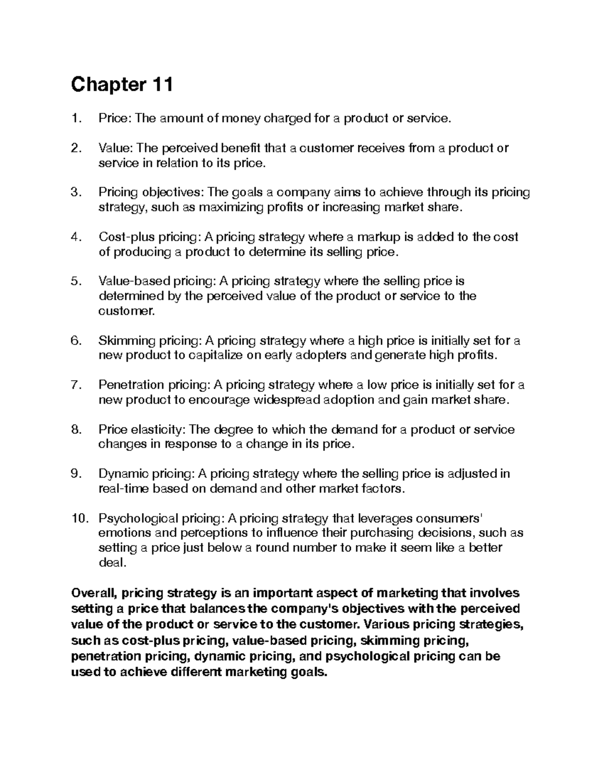 Marketing chapters 11 and 12 - Chapter 11 Price: The amount of money ...