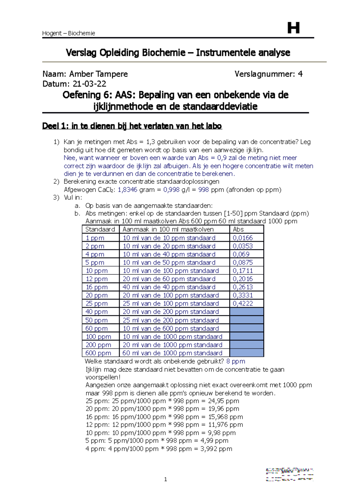 Oef 6 AAS Bepaling van een onbekende via de ijklijnmethode en de ...