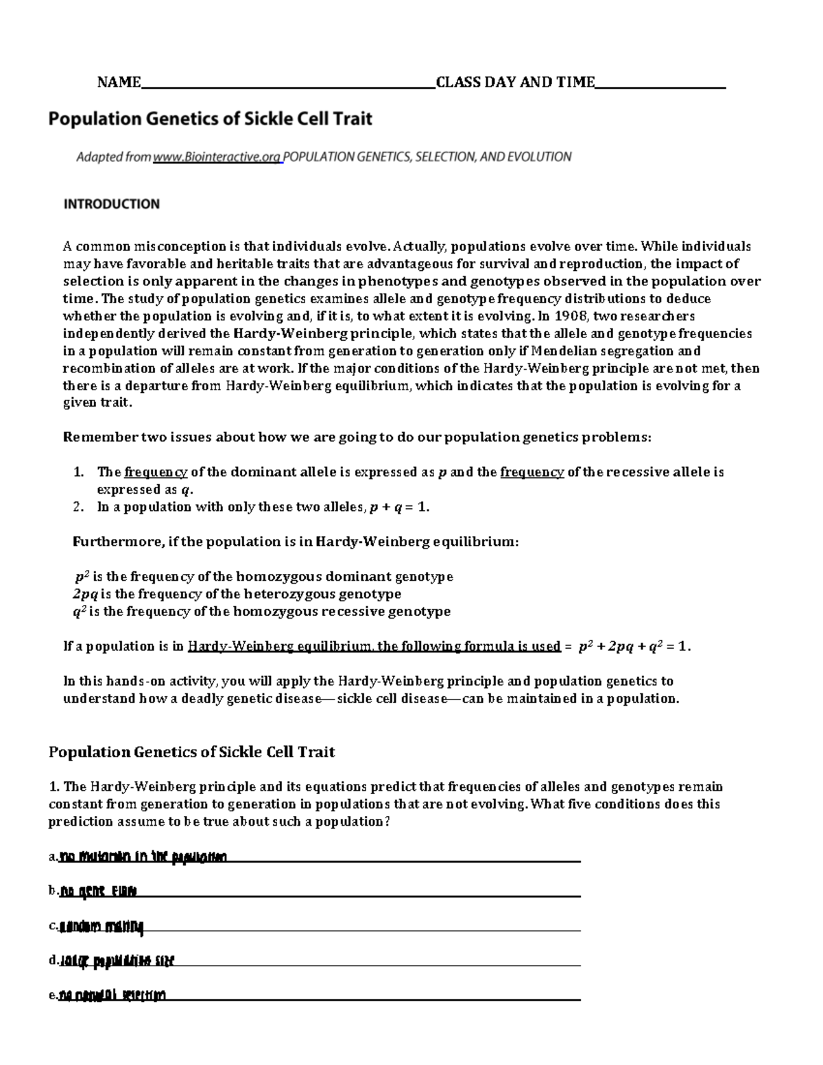 Population Genetics Worksheet - NAME _________________________ CLASS DAY AND TIME A common - Studocu