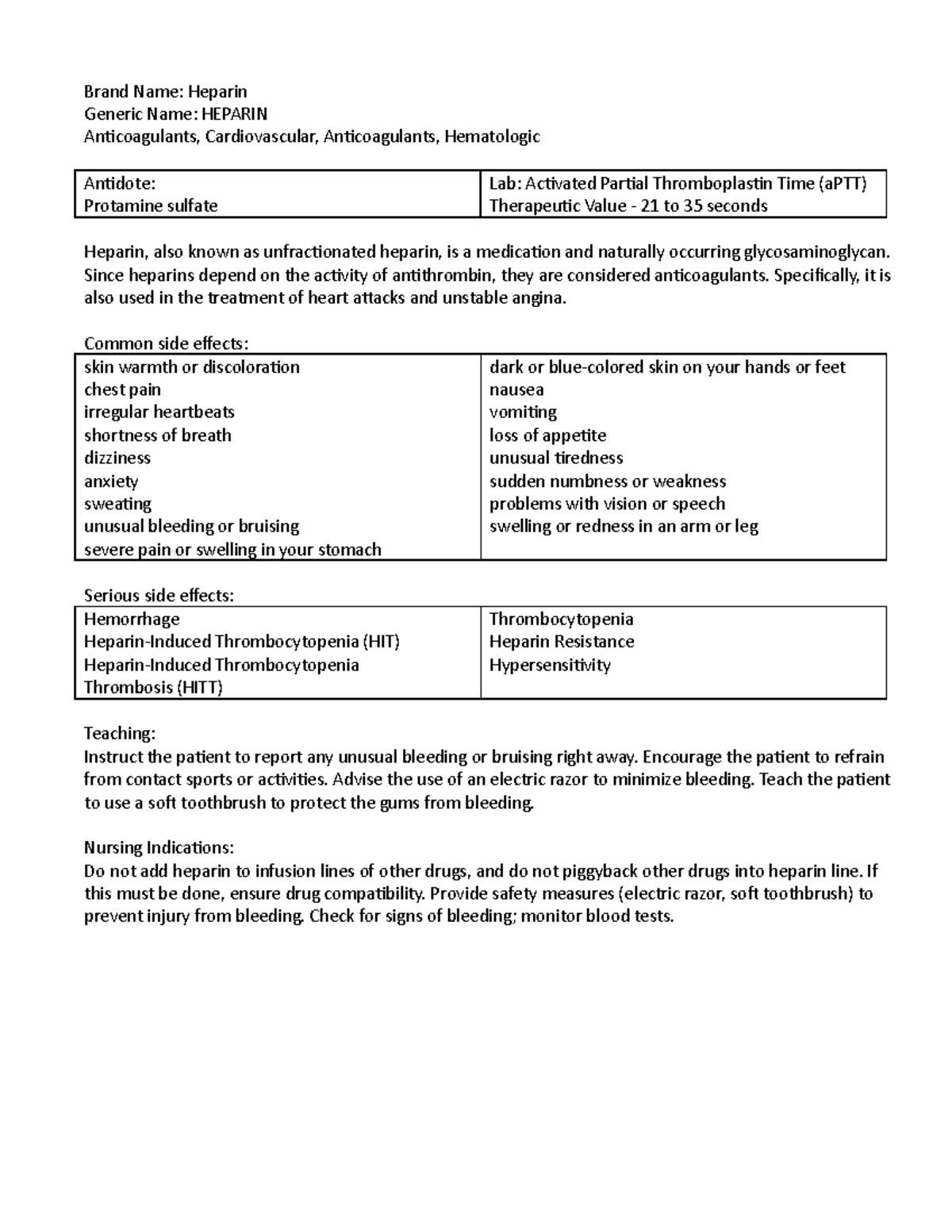 Geri Drug Cards Feb 2023 - Brand Name: Heparin Generic Name: HEPARIN ...