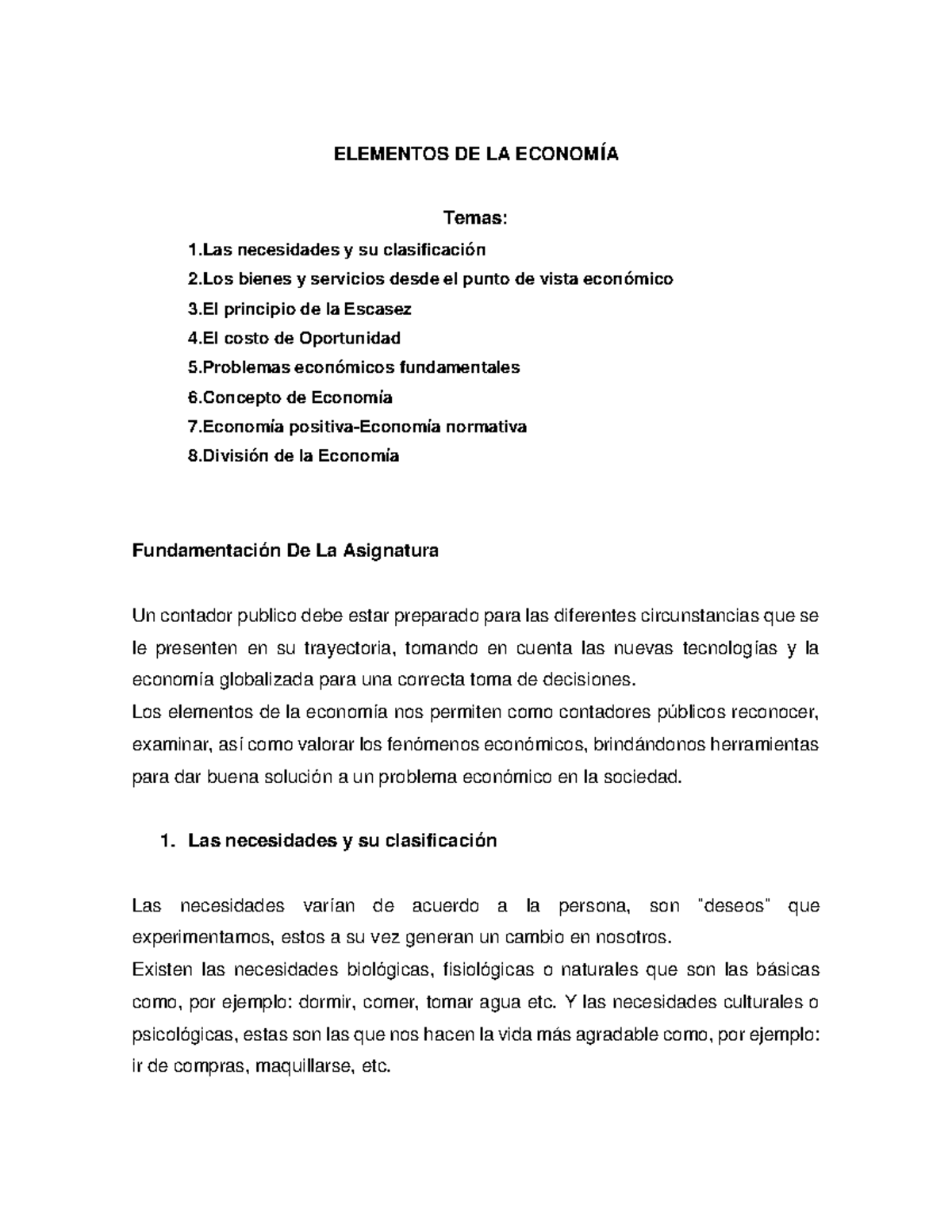Elementos DE LA Economía - ELEMENTOS DE LA ECONOMÍA Temas: 1 ...
