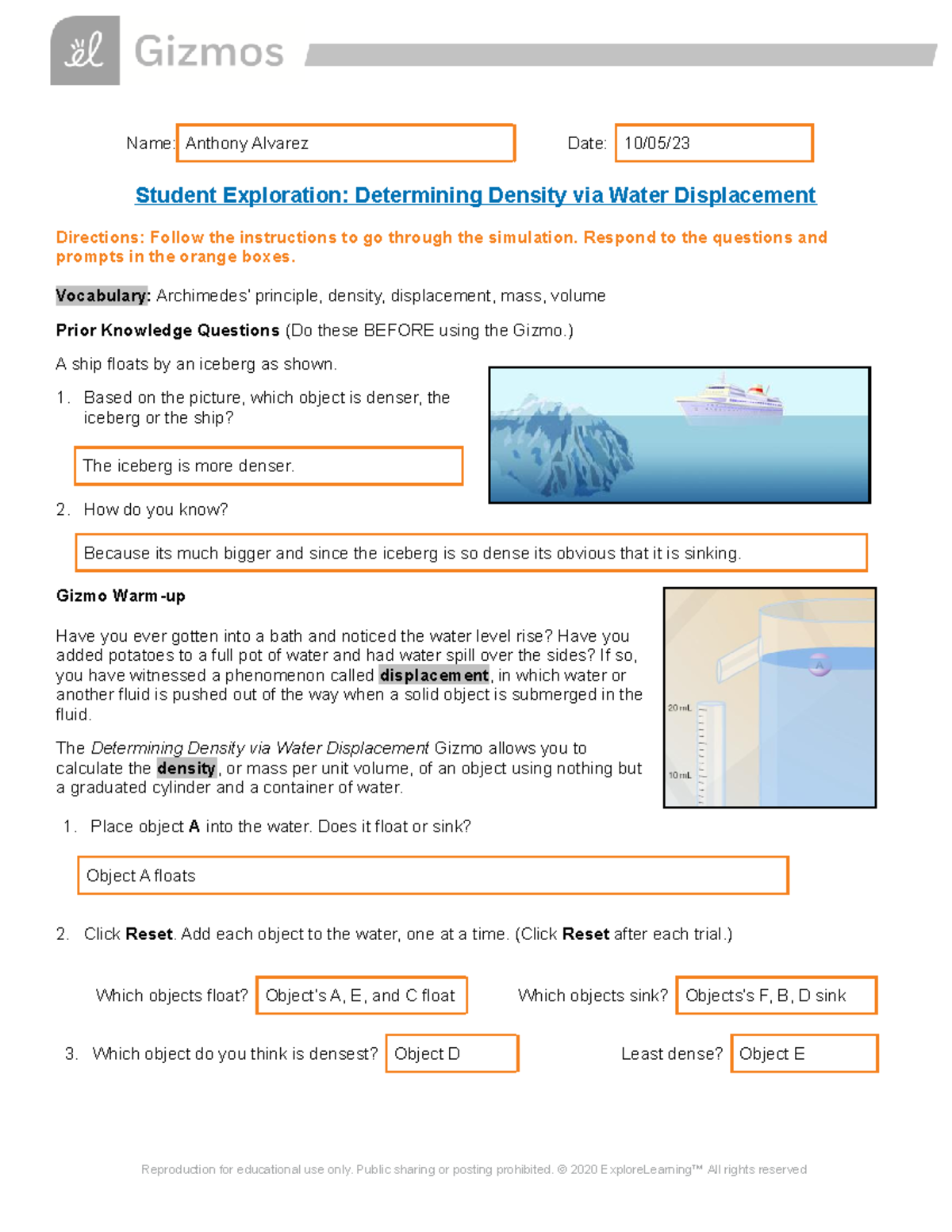 Copy of Density Water SE - Name: Anthony Alvarez Date: 10/05/ Student ...